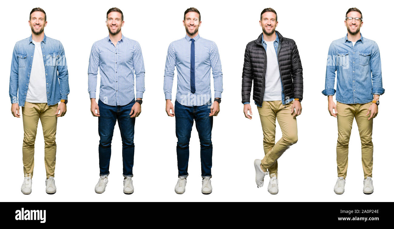 Collage of attractive young man over white isolated background with a ...