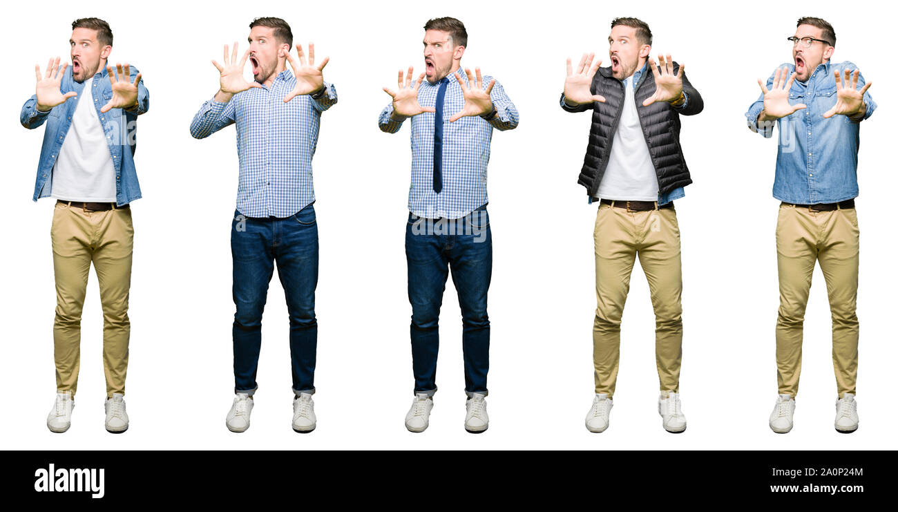Collage of attractive young man over white isolated background afraid ...