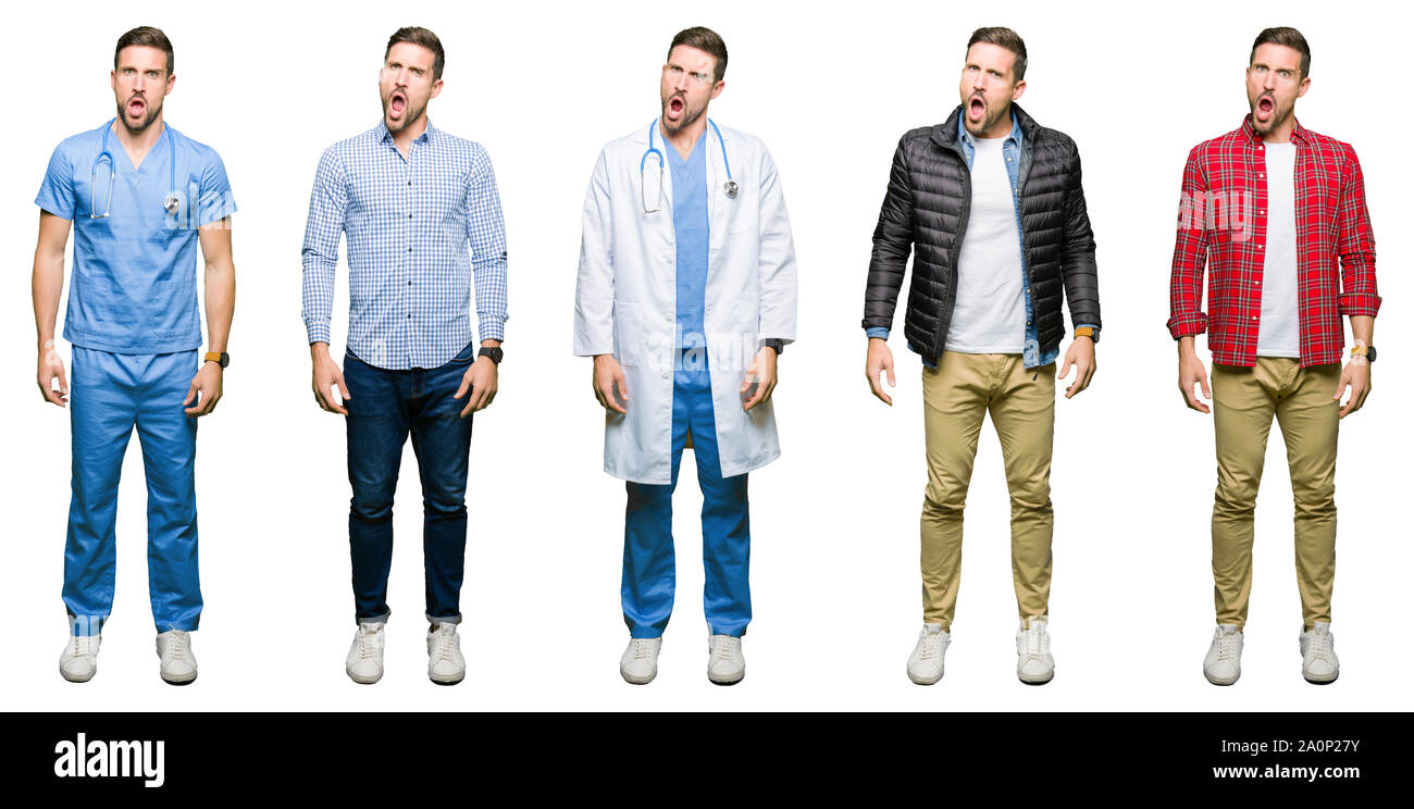 Collage of attractive young man over white isolated background In shock ...