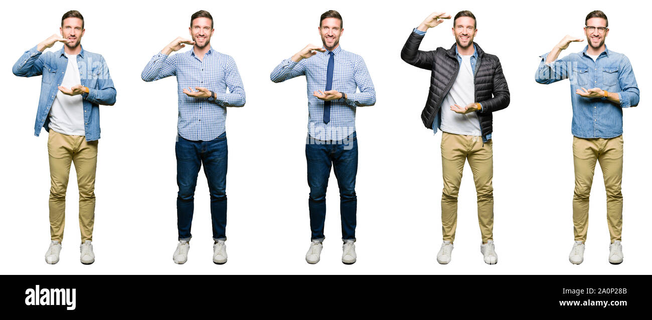Collage of attractive young man over white isolated background ...