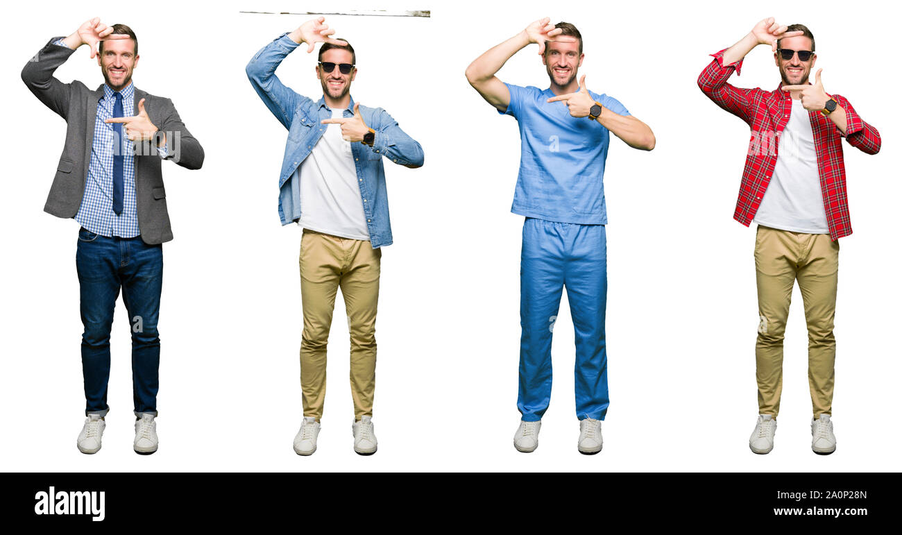 Collage of attractive young man over white isolated background smiling ...