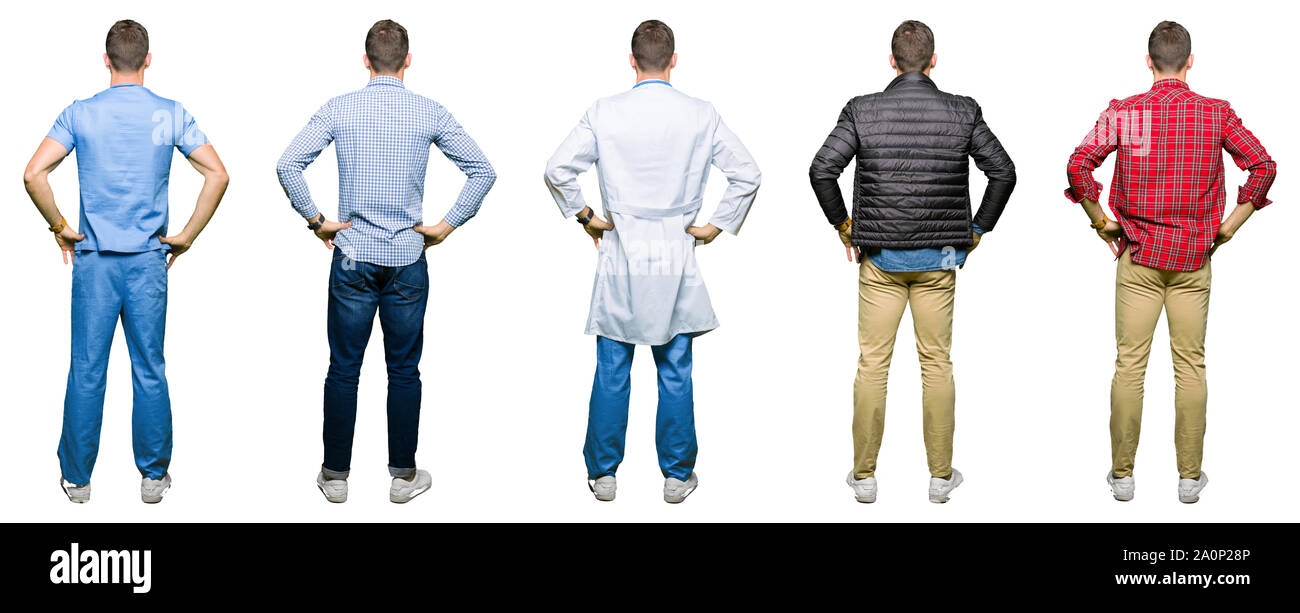 Collage of attractive young man over white isolated background standing ...