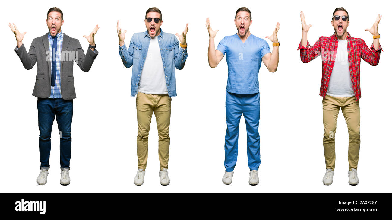 Collage of attractive young man over white isolated background ...