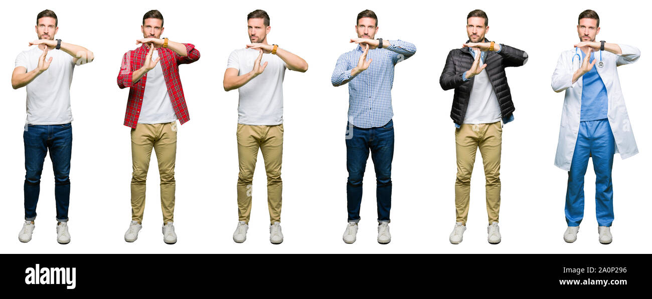 Collage of attractive young man over white isolated background Doing ...