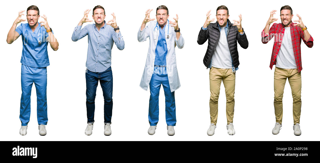 Collage of attractive young man over white isolated background Shouting ...