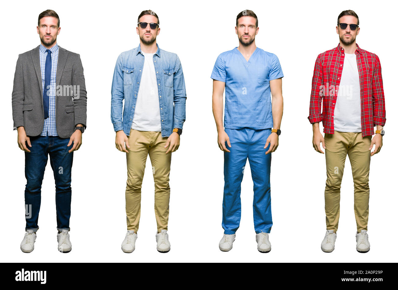 Collage of attractive young man over white isolated background with ...