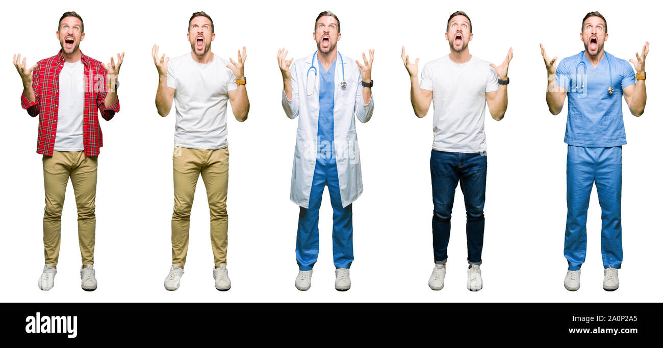 Collage of attractive young man over white isolated background crazy ...