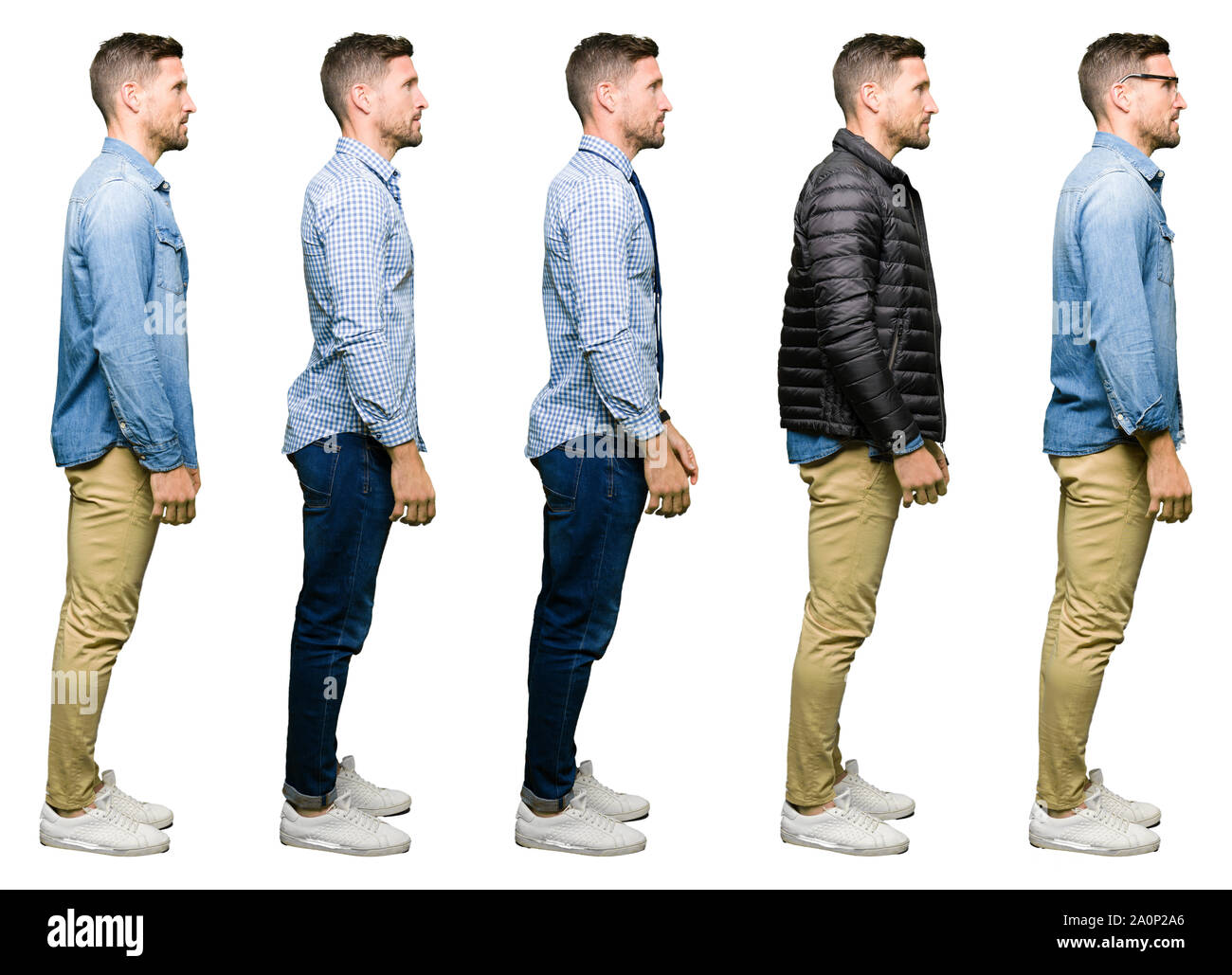 Collage of attractive young man over white isolated background looking ...