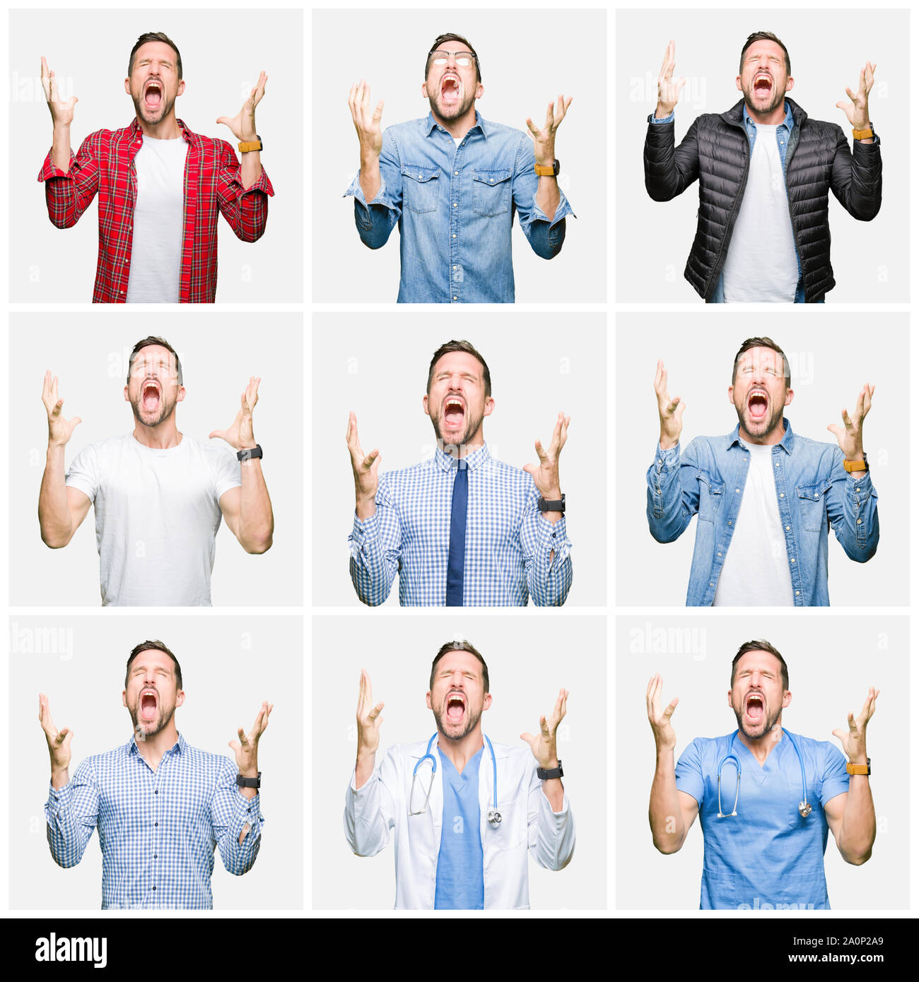 Collage of attractive young man over white isolated background ...