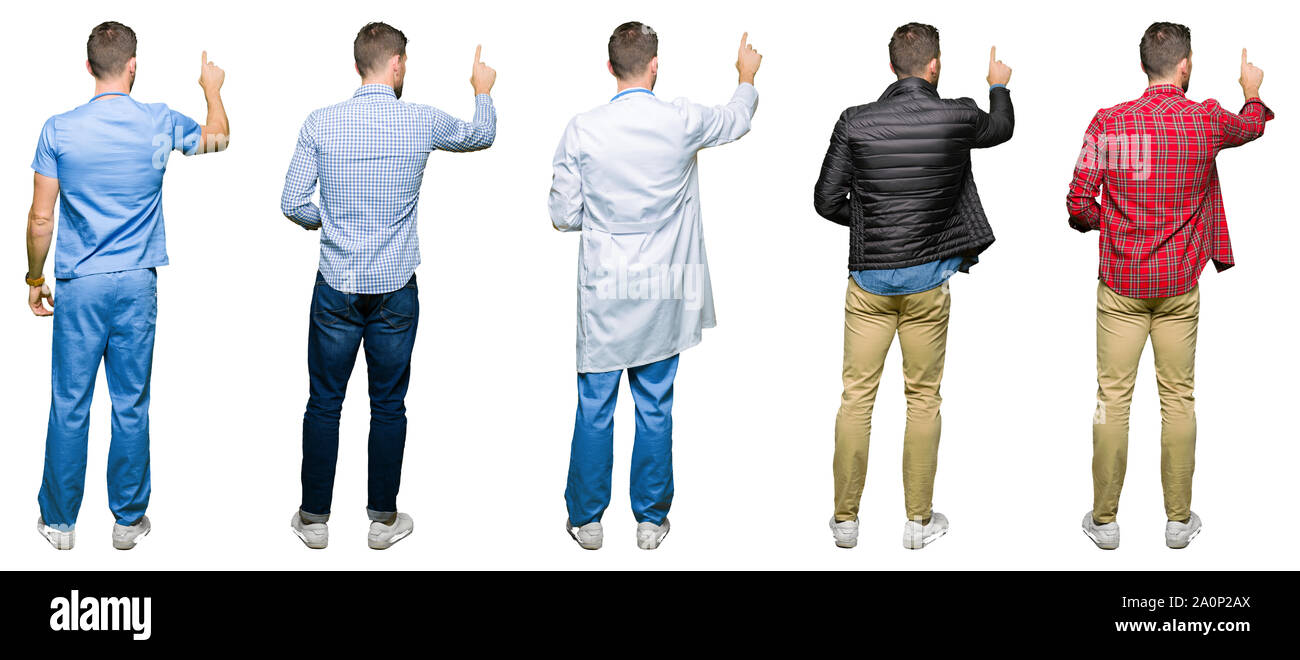 Collage of attractive young man over white isolated background Posing ...