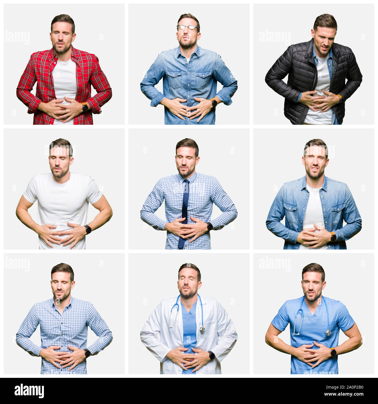 Collage of attractive young man over white isolated background with ...