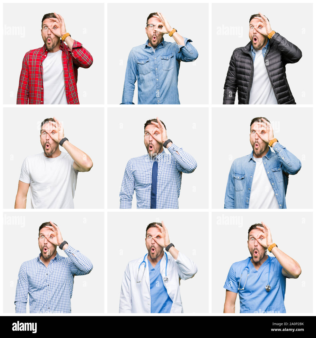 Collage of attractive young man over white isolated background doing ok ...