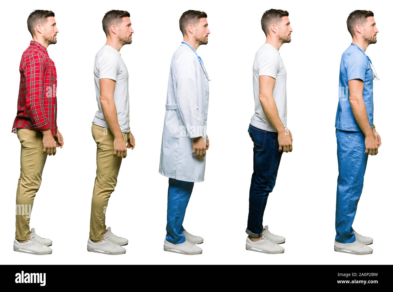 Collage of attractive young man over white isolated background looking ...