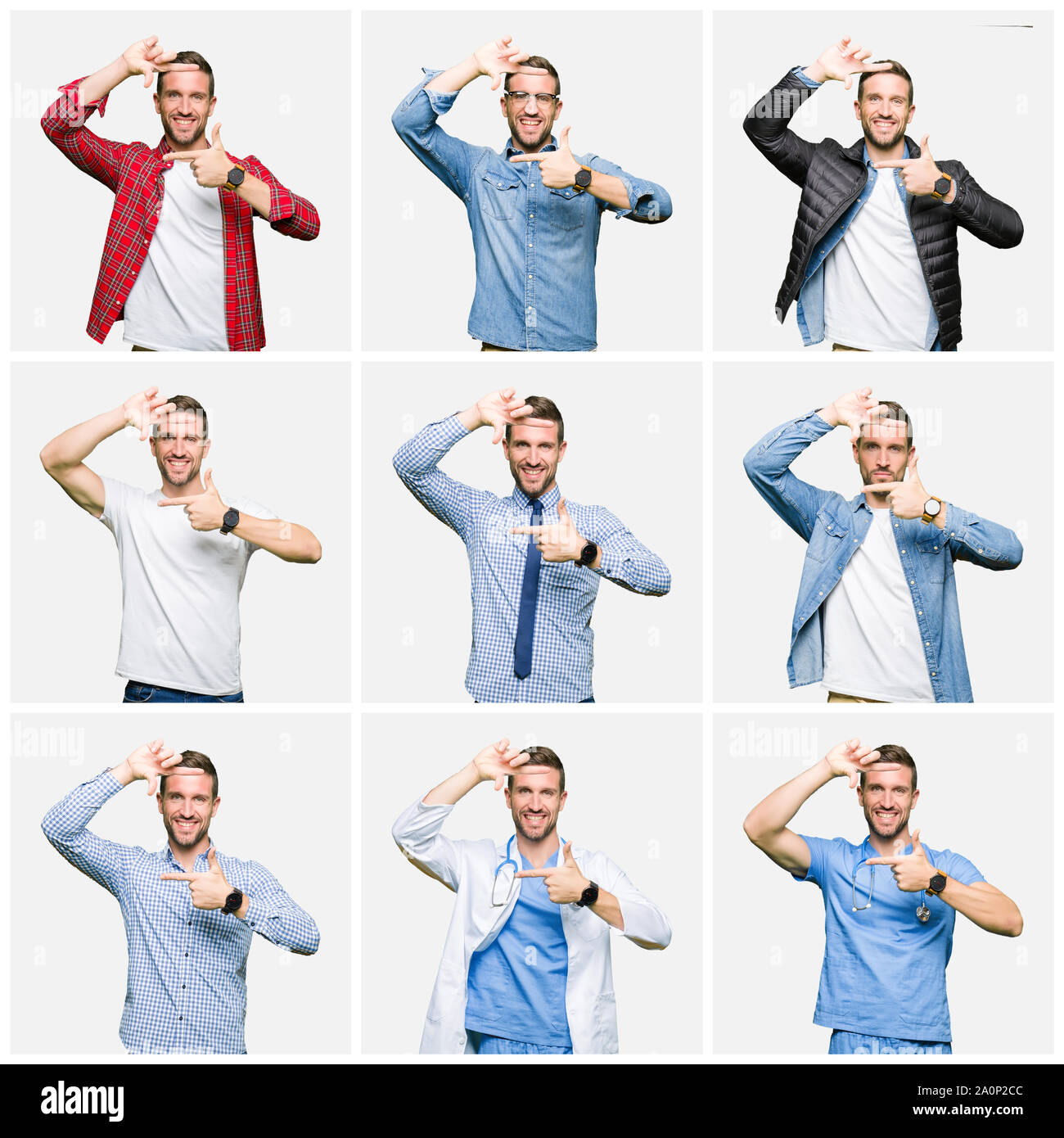 Collage of attractive young man over white isolated background smiling ...