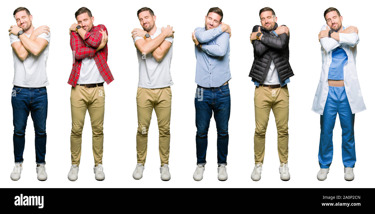 Collage of attractive young man over white isolated background Hugging ...
