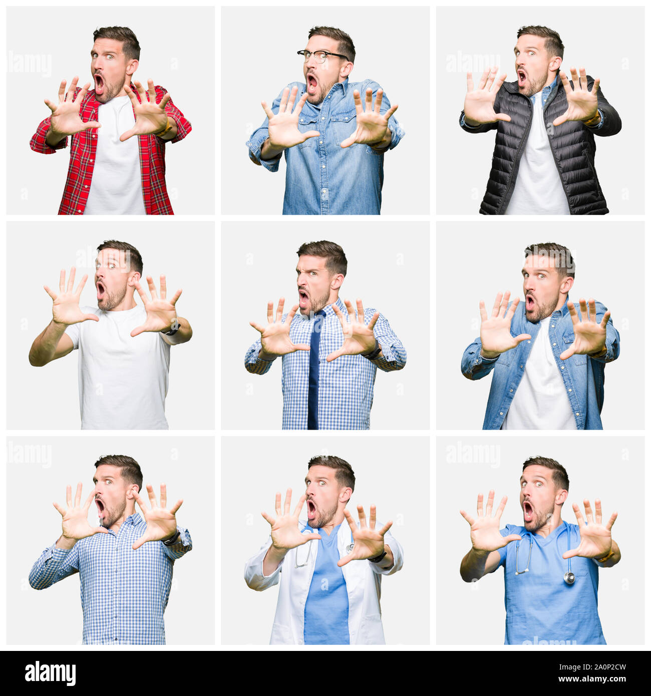 Collage of attractive young man over white isolated background afraid ...
