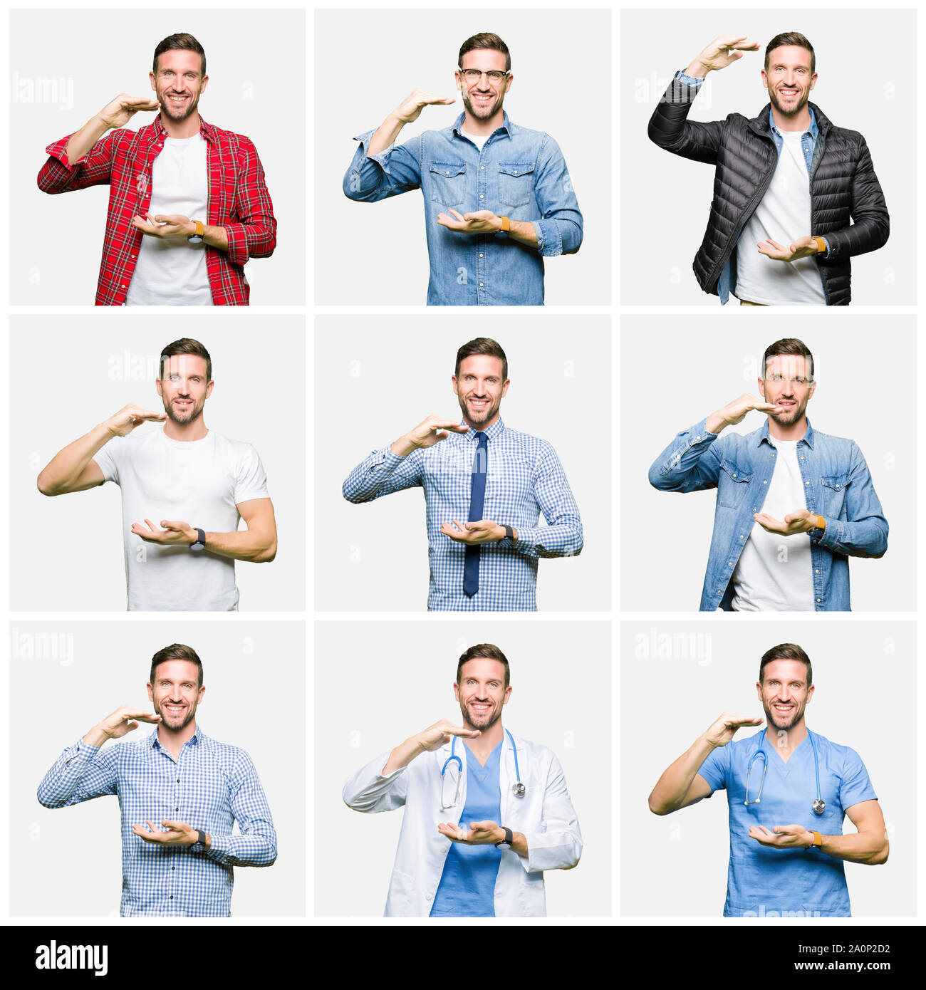 Collage of attractive young man over white isolated background ...