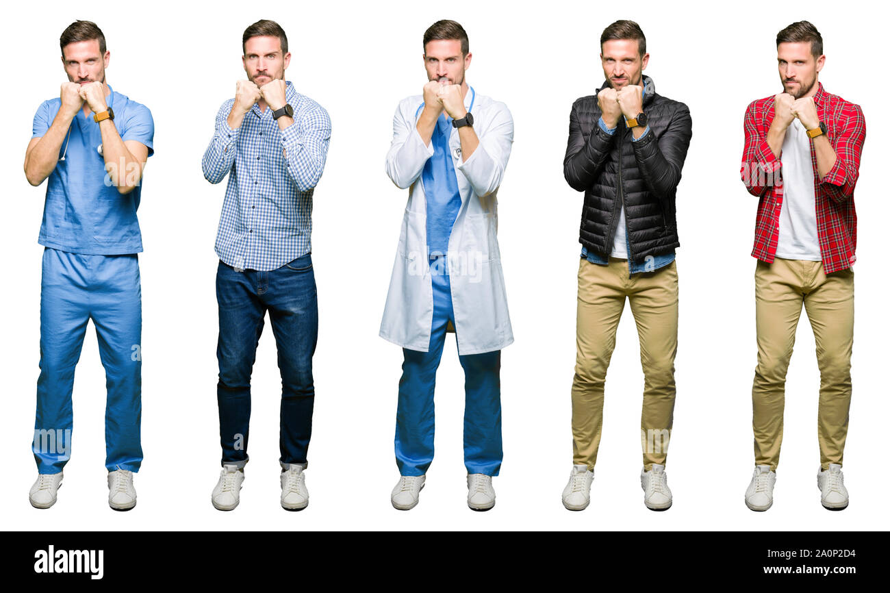 Collage of attractive young man over white isolated background Ready to ...