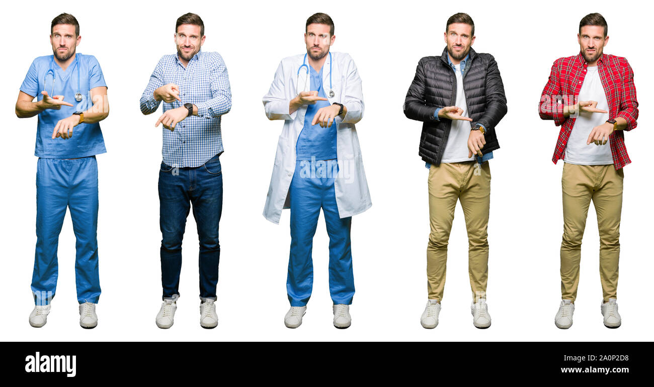 Collage of attractive young man over white isolated background In hurry ...