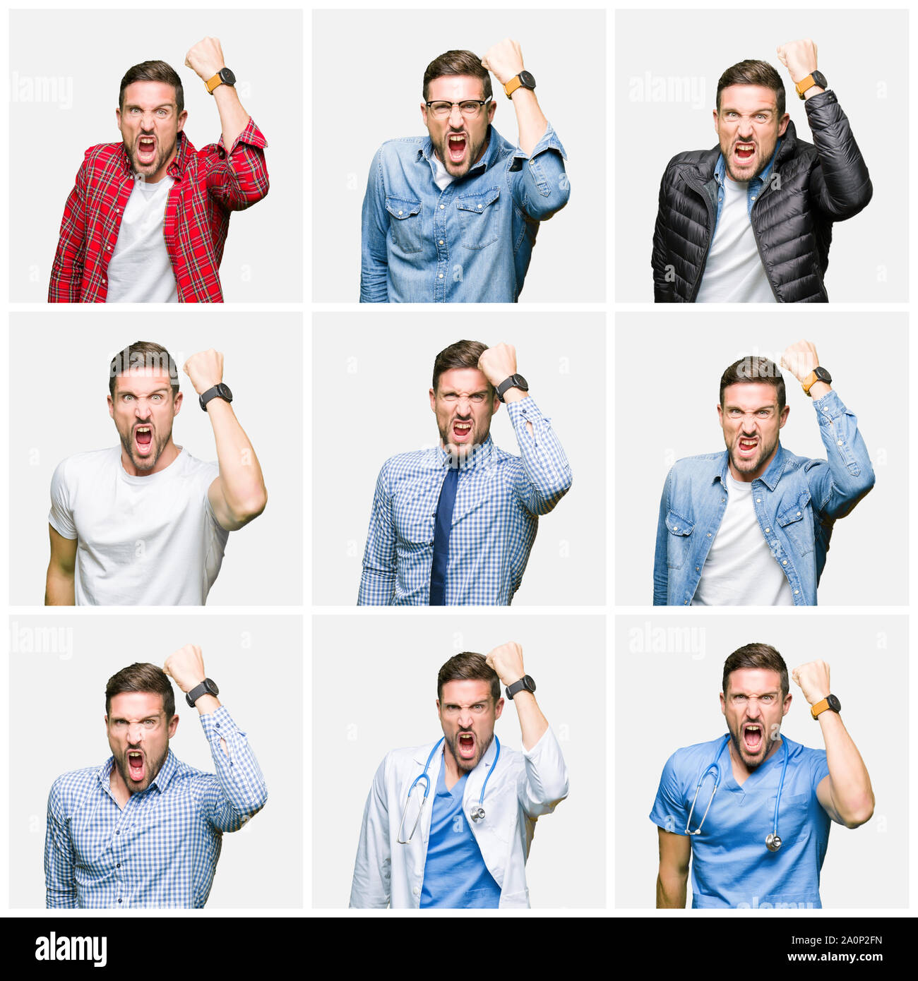 Collage of attractive young man over white isolated background angry ...