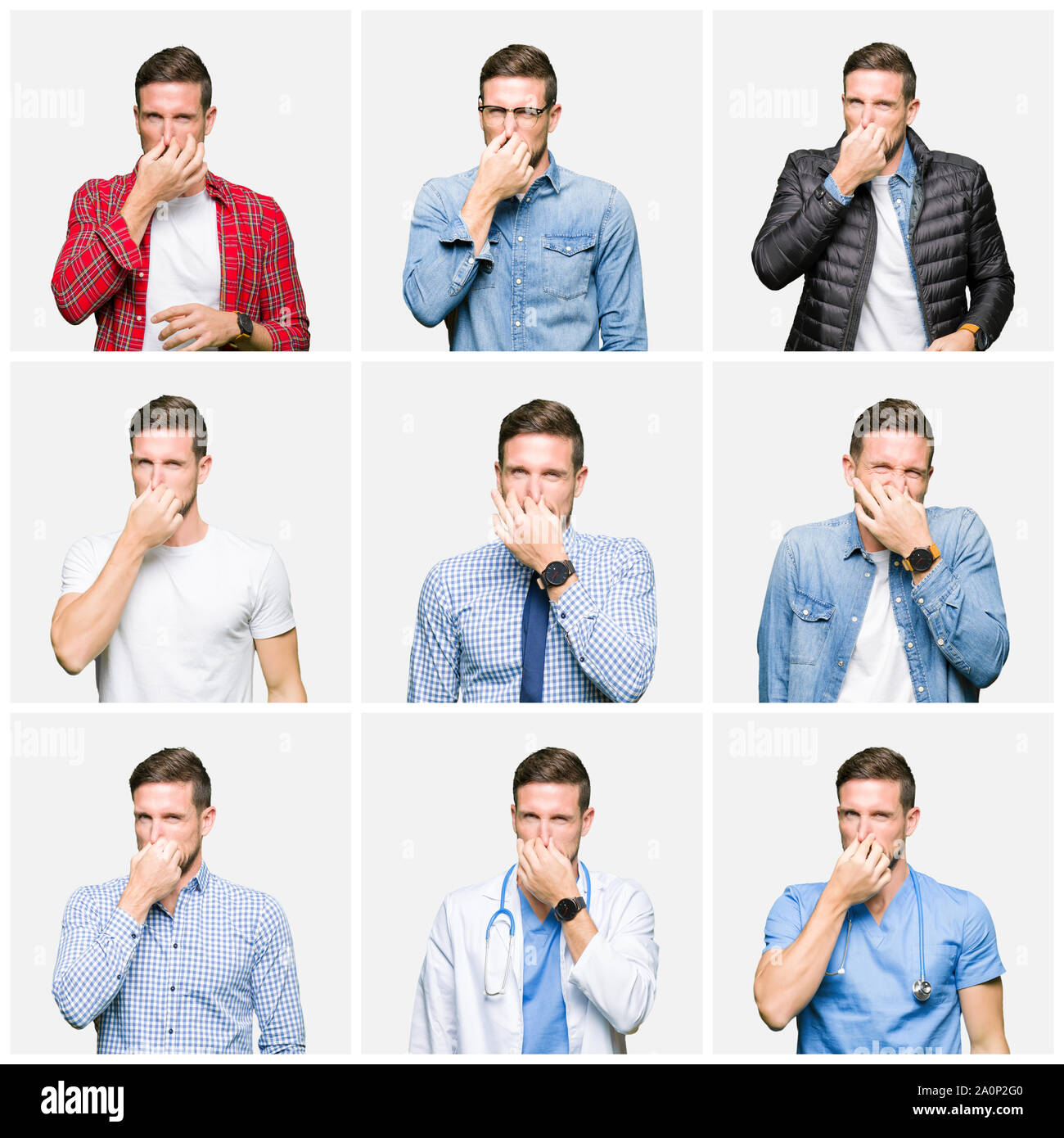 Collage of attractive young man over white isolated background smelling ...