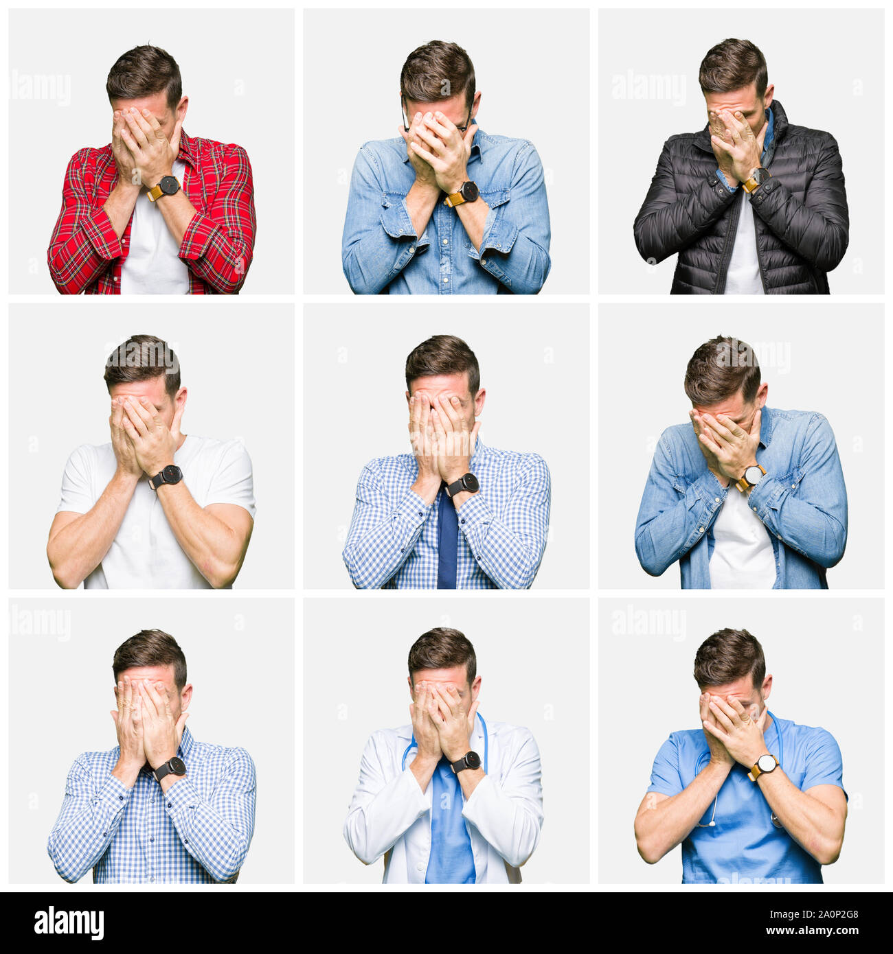 Collage of attractive young man over white isolated background with sad ...