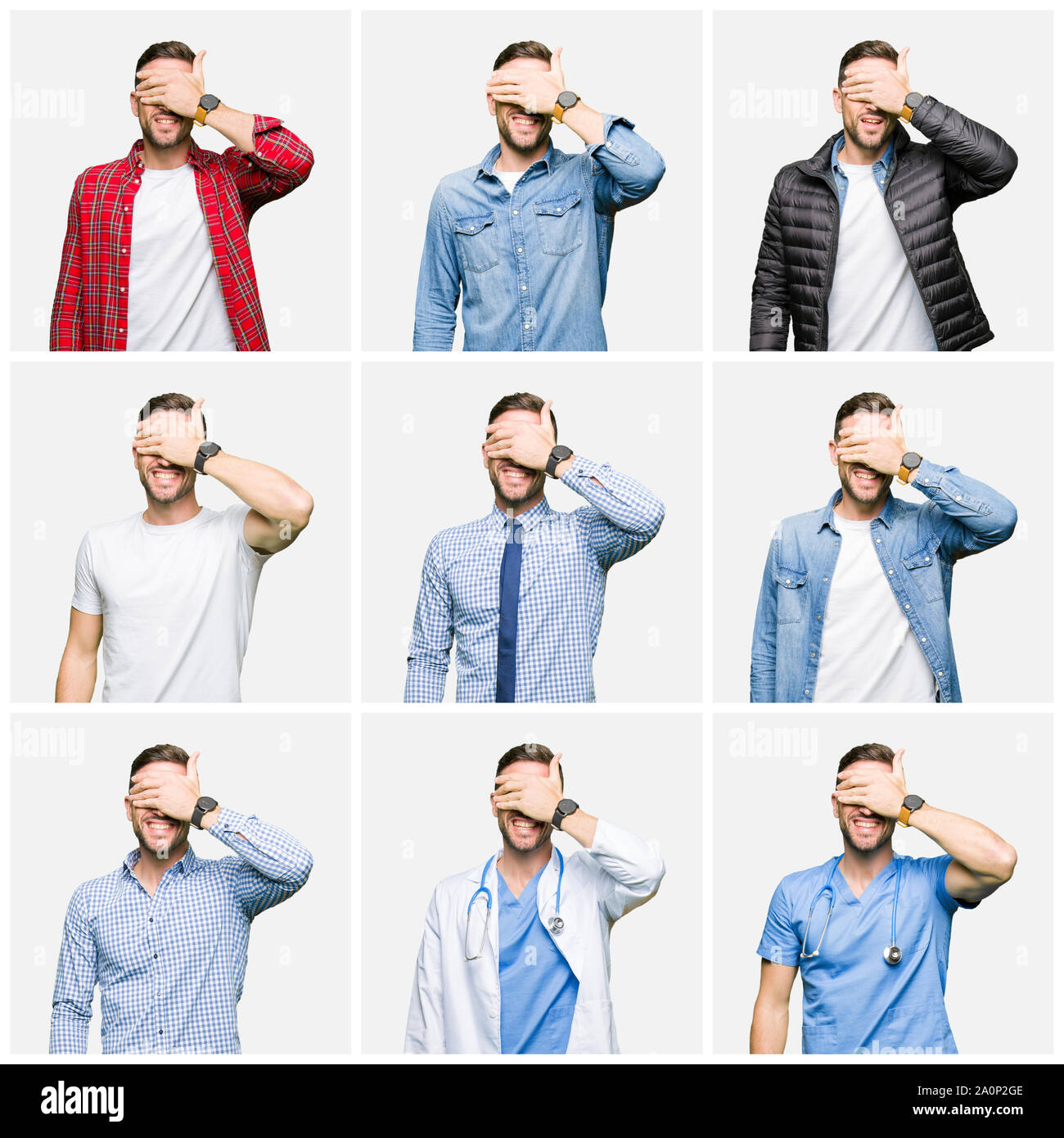 Collage of attractive young man over white isolated background smiling ...