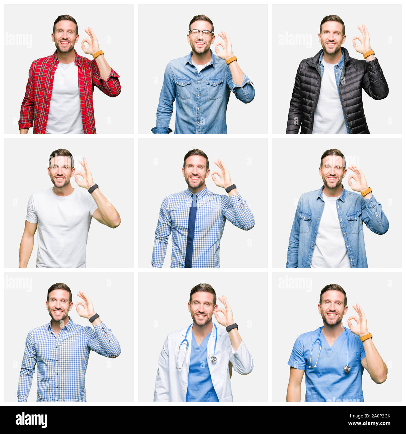 Collage of attractive young man over white isolated background smiling ...