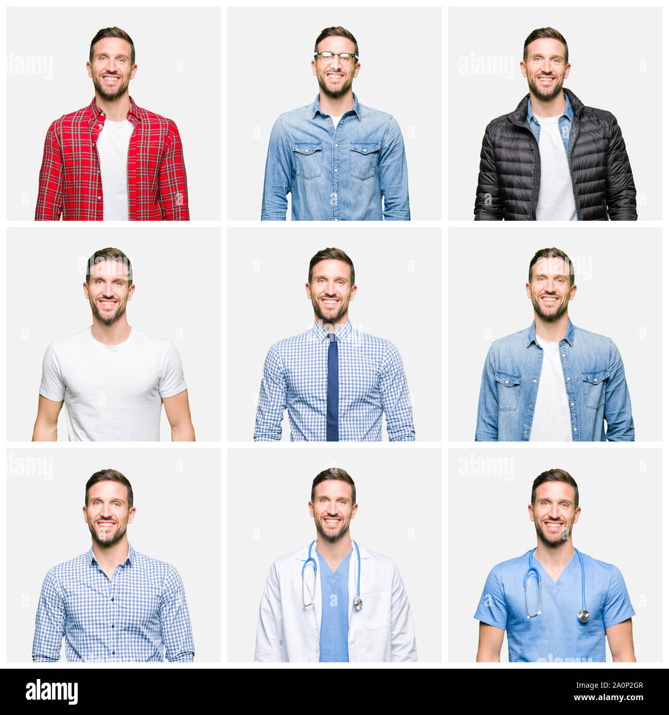 Collage of attractive young man over white isolated background with a ...