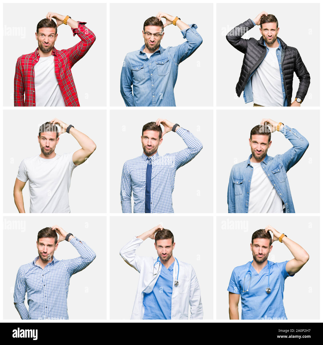 Collage of attractive young man over white isolated background confuse ...