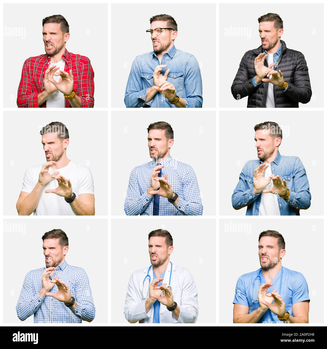 Collage of attractive young man over white isolated background ...