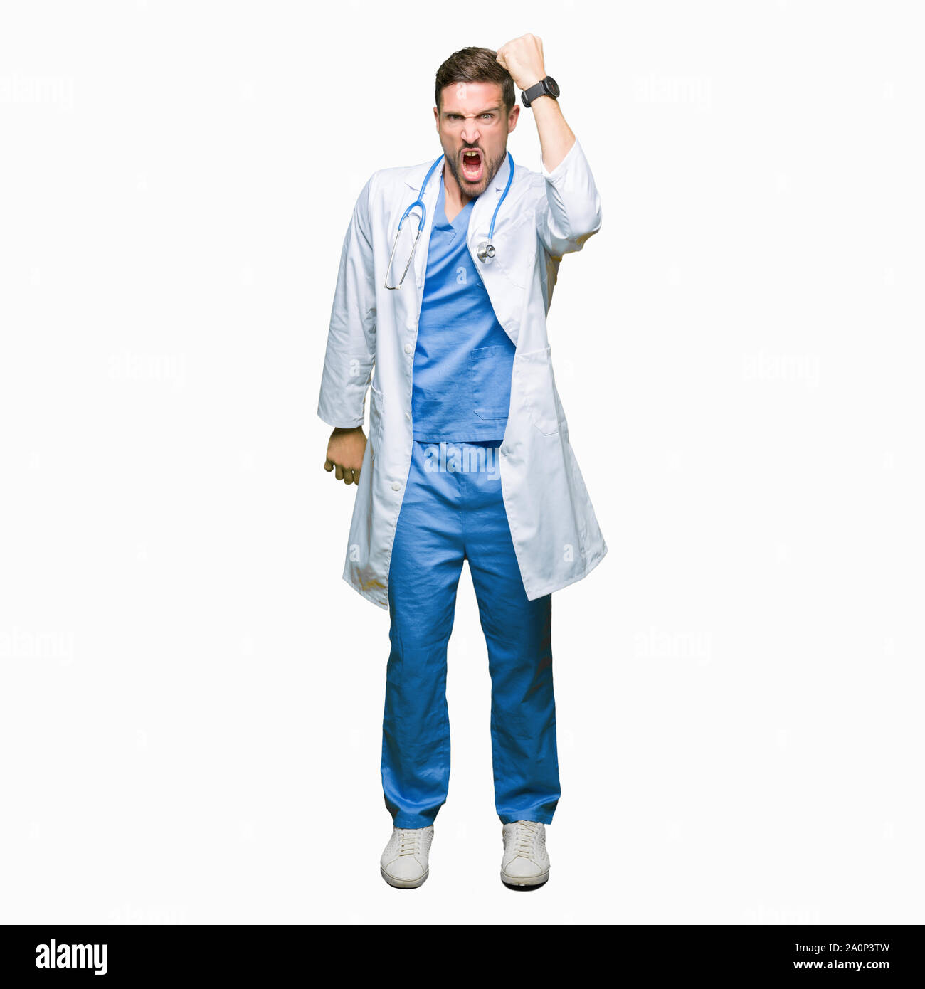 Handsome doctor man wearing medical uniform over isolated background ...