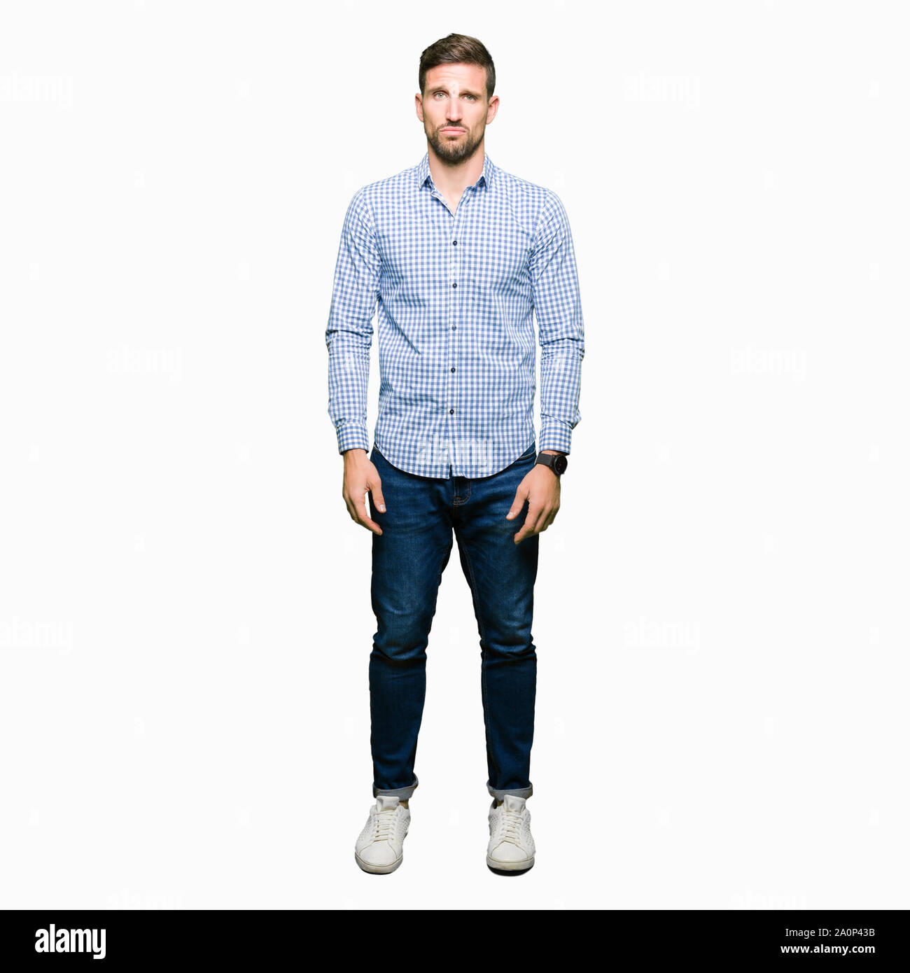 Handsome business man with blue eyes depressed and worry for distress ...