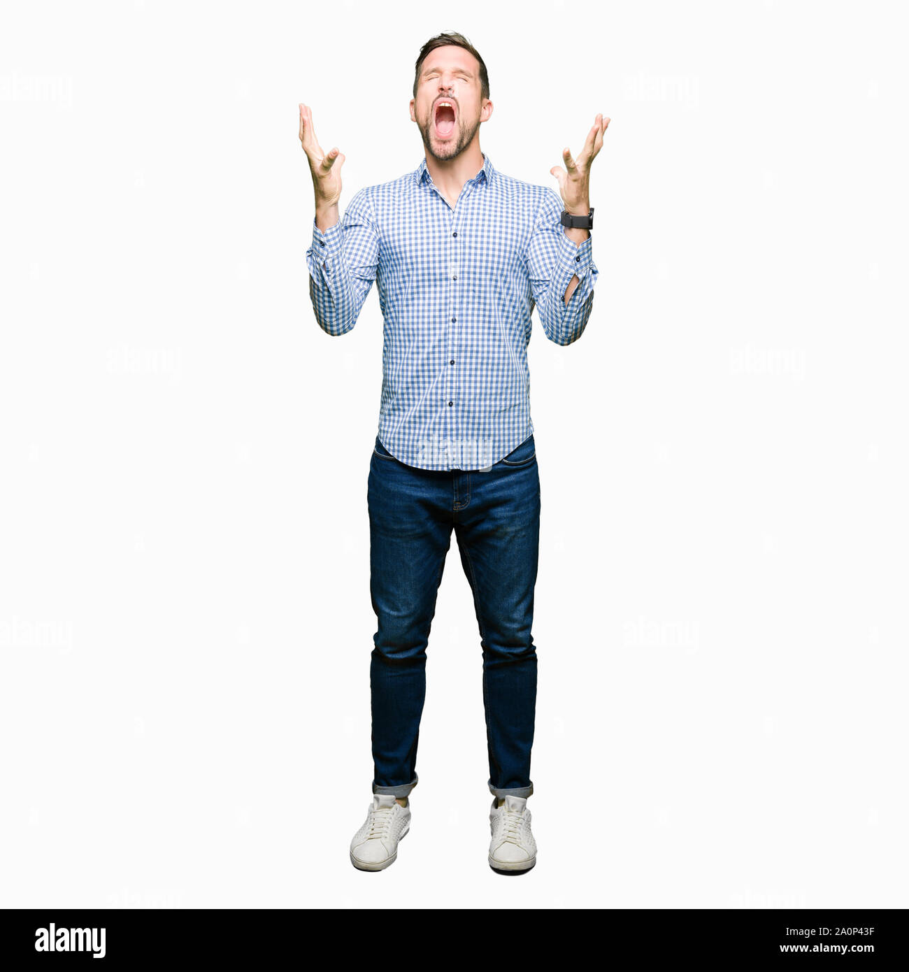 Handsome business man with blue eyes celebrating mad and crazy for ...