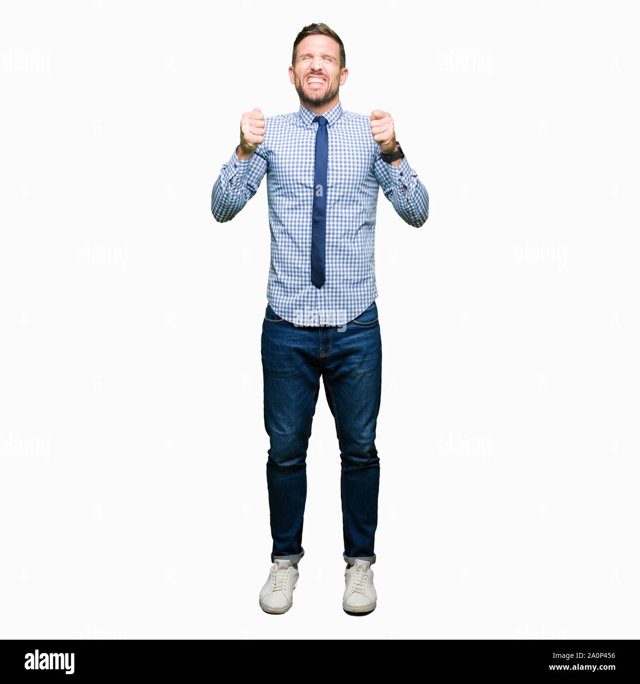 Handsome business man wearing tie excited for success with arms raised ...