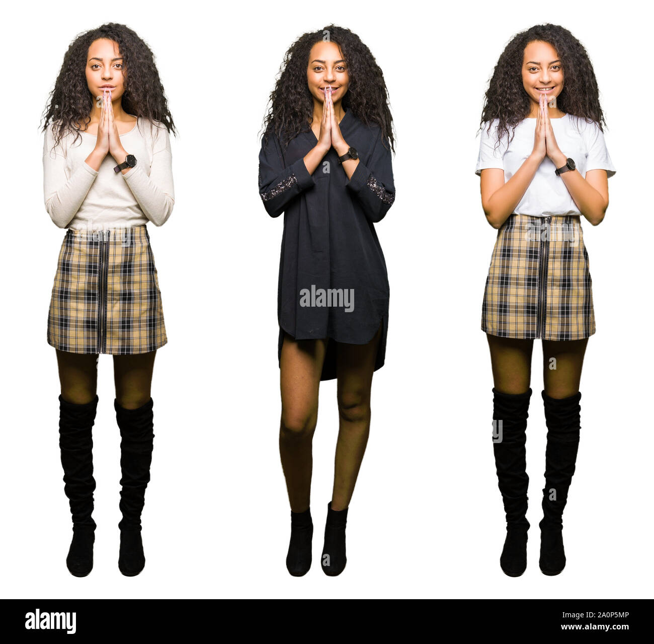 Collage of young woman over isolated white background praying with ...