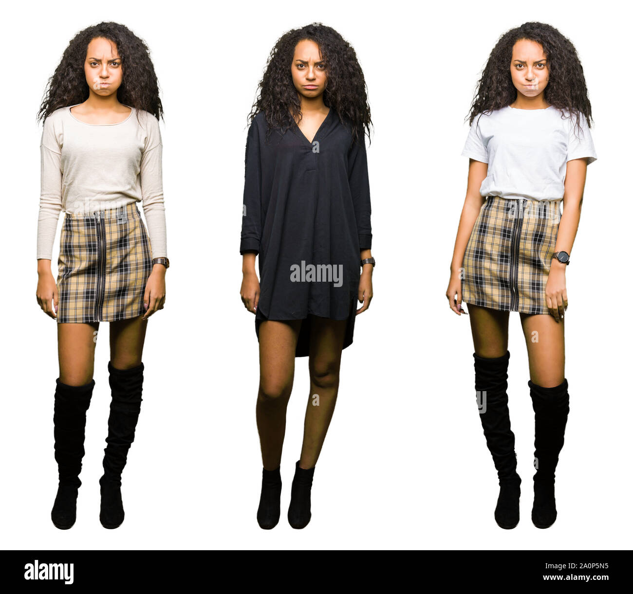 Collage of young woman over isolated white background puffing cheeks ...