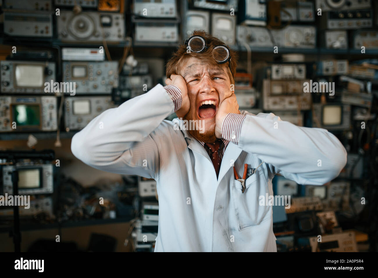 Strange scientist has gone mad in his laboratory Stock Photo - Alamy