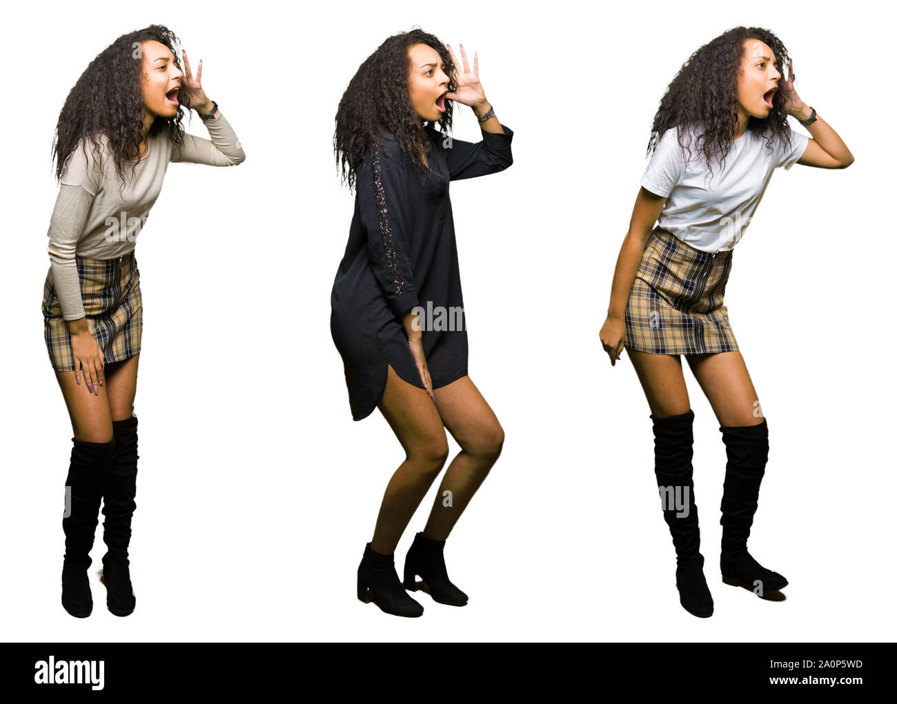 Collage of young woman over isolated white background shouting and ...