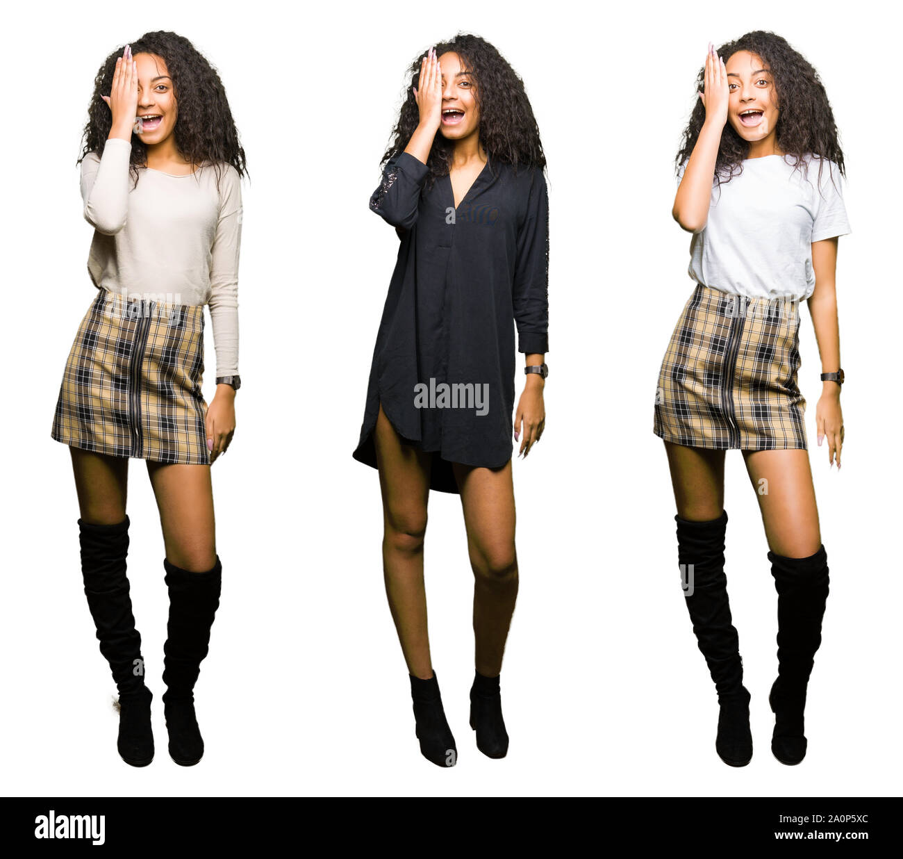 Collage of young woman over isolated white background covering one eye ...