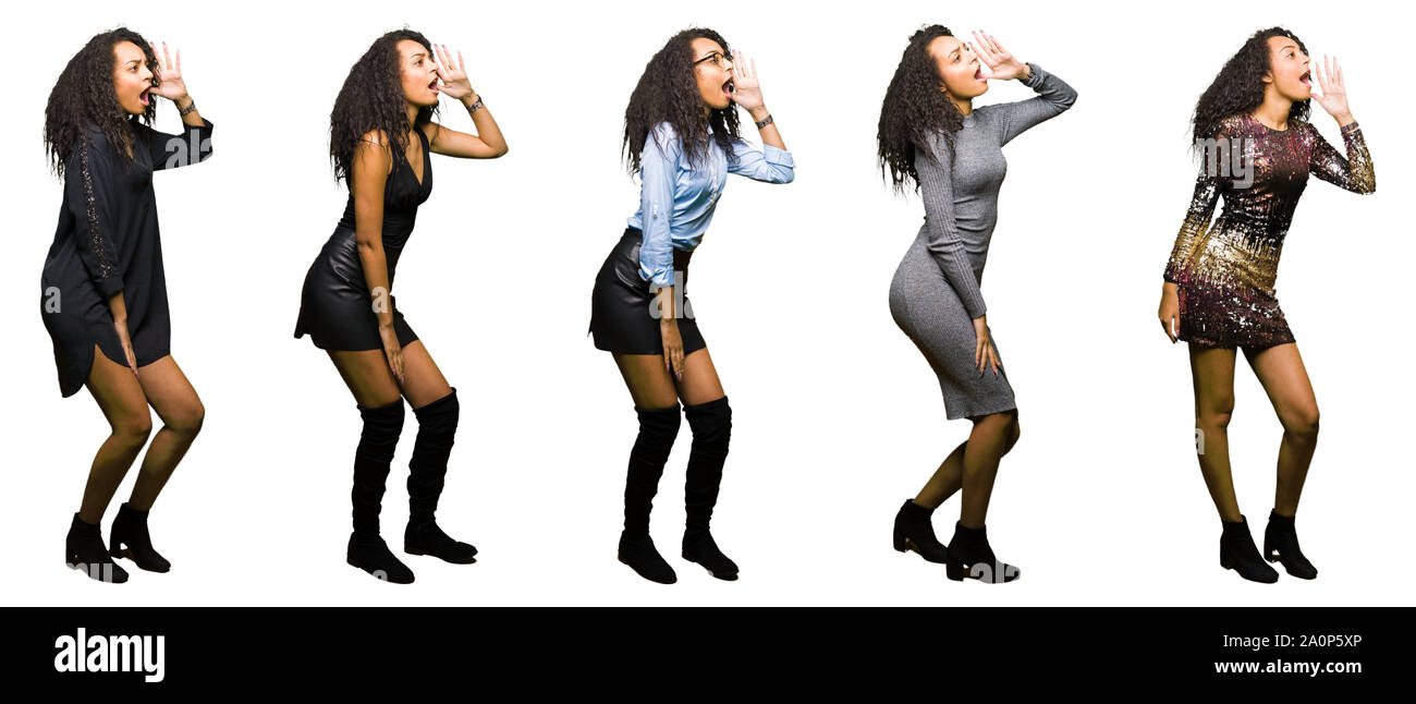 Collage of young woman wearing dress party over isolated white ...