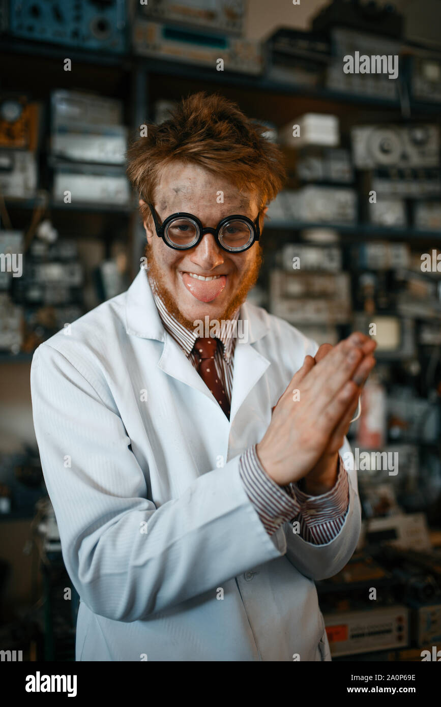 Crazy male scientist conducts a test in laboratory Stock Photo - Alamy