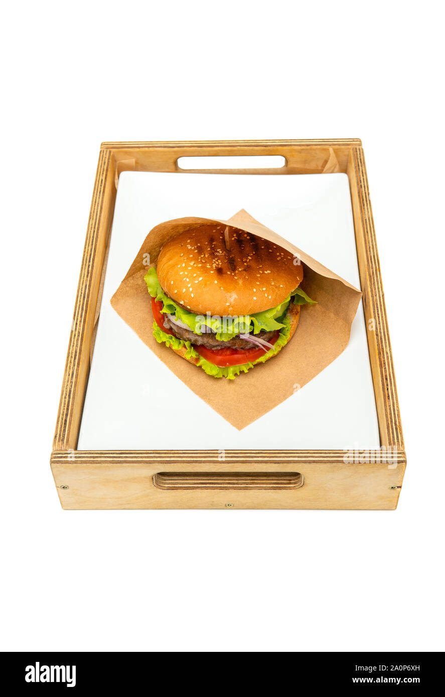 Craft beef burgers with vegetables. Delicious fresh homemade burger ...