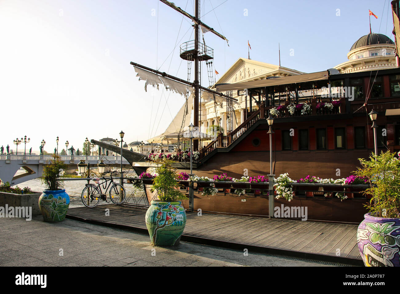 SKOPJE, MACEDONIA- JUNE 08, 2019: The vintage ship on Vardar river in ...