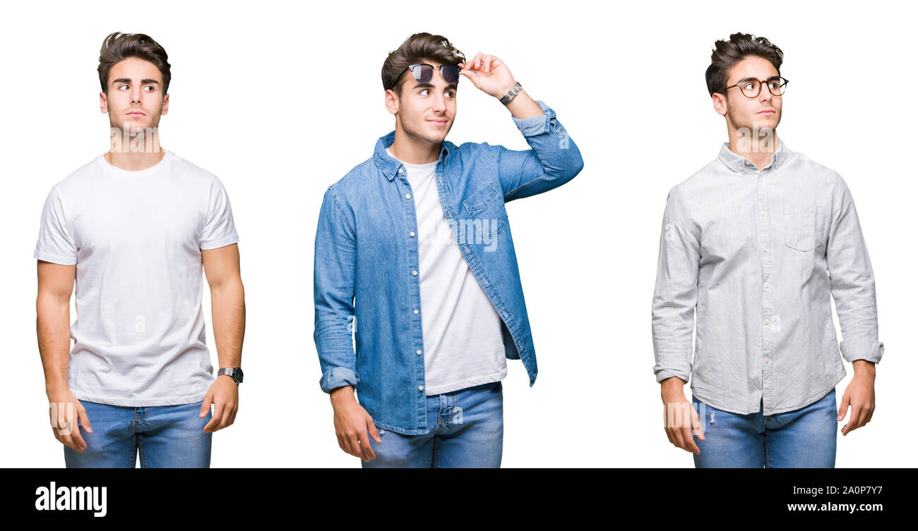 Collage of young handsome man over isolated background smiling looking ...