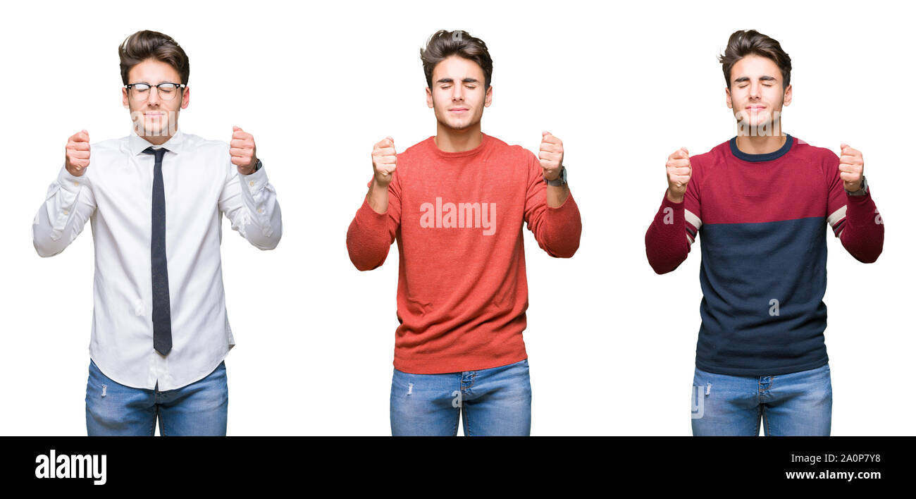 Collage of young handsome business man over isolated background excited ...