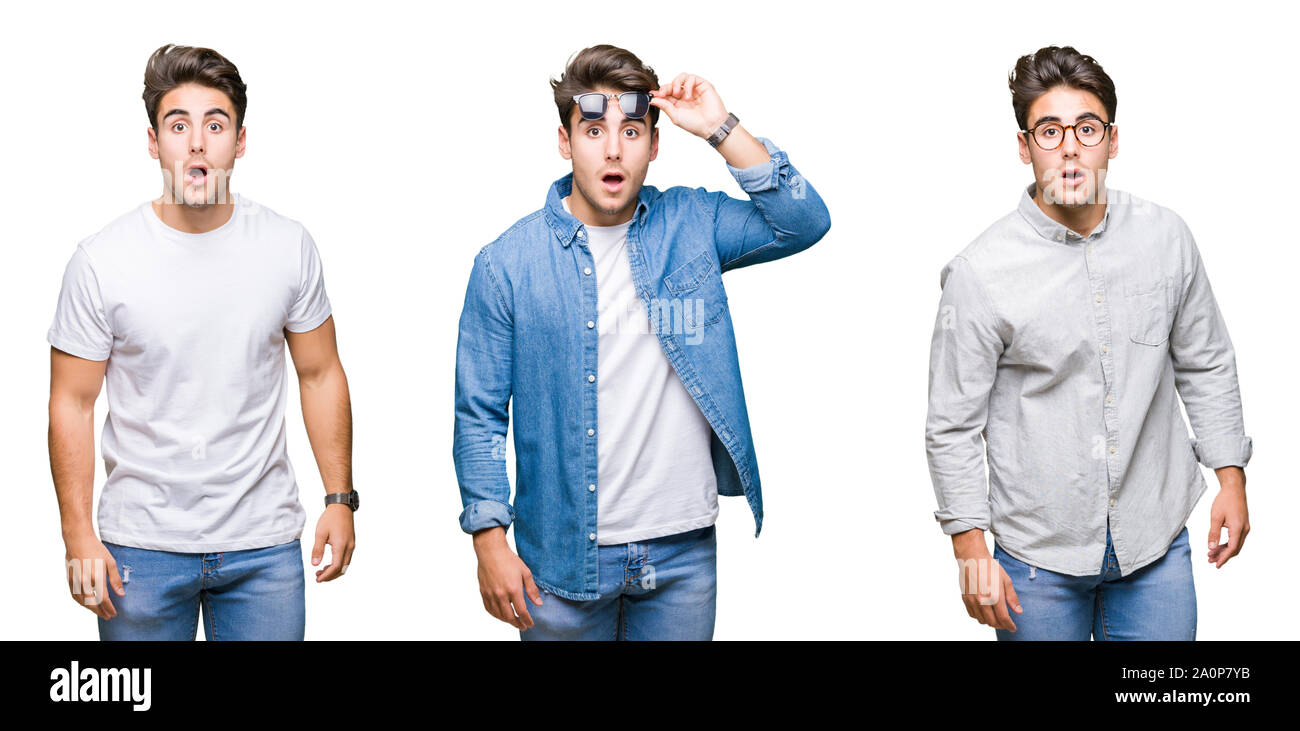 Collage of young handsome man over isolated background afraid and ...