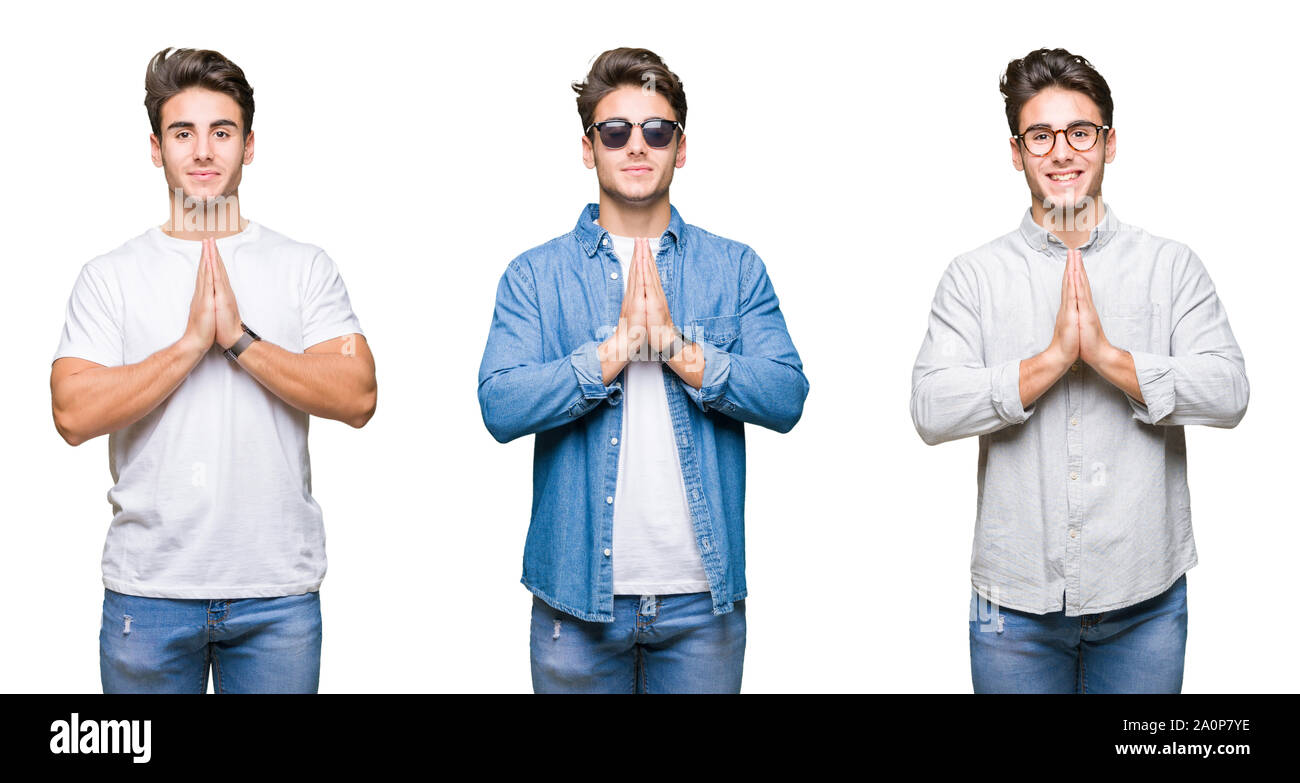Collage of young handsome man over isolated background praying with ...