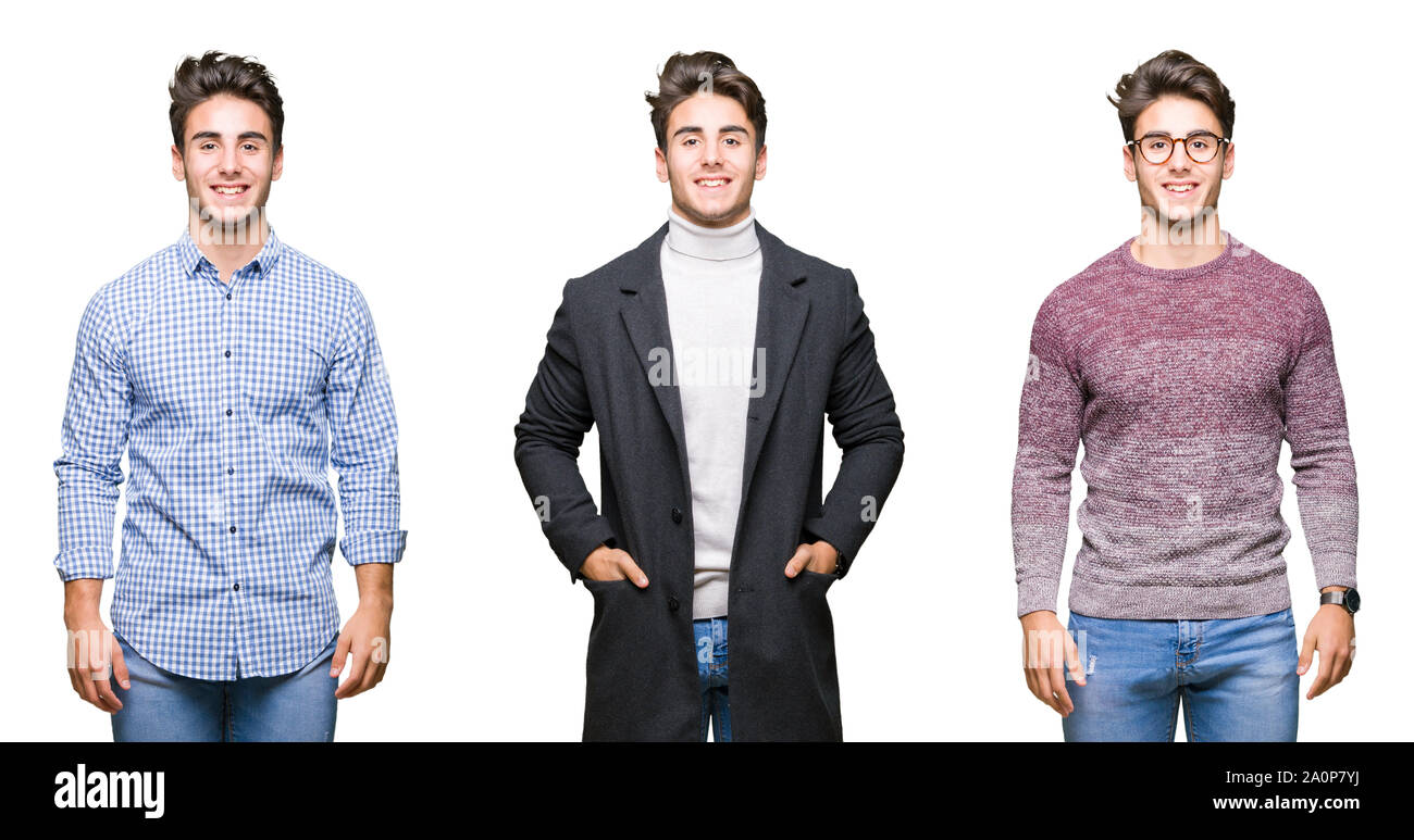 Collage of young handsome business man over isolated background with a ...