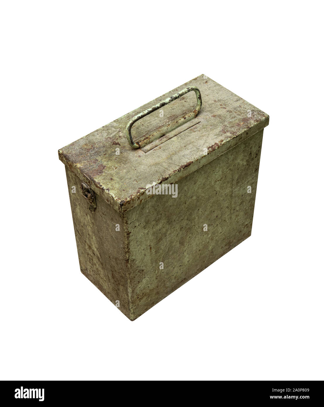 Old metal military box isolate on a white background. Green rusty ...